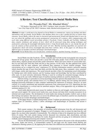 A Review: Text Classification on Social Media Data | PDF