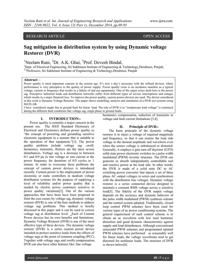 Sag mitigation in distribution system by using Dynamic voltage Restorer (DVR) | PDF