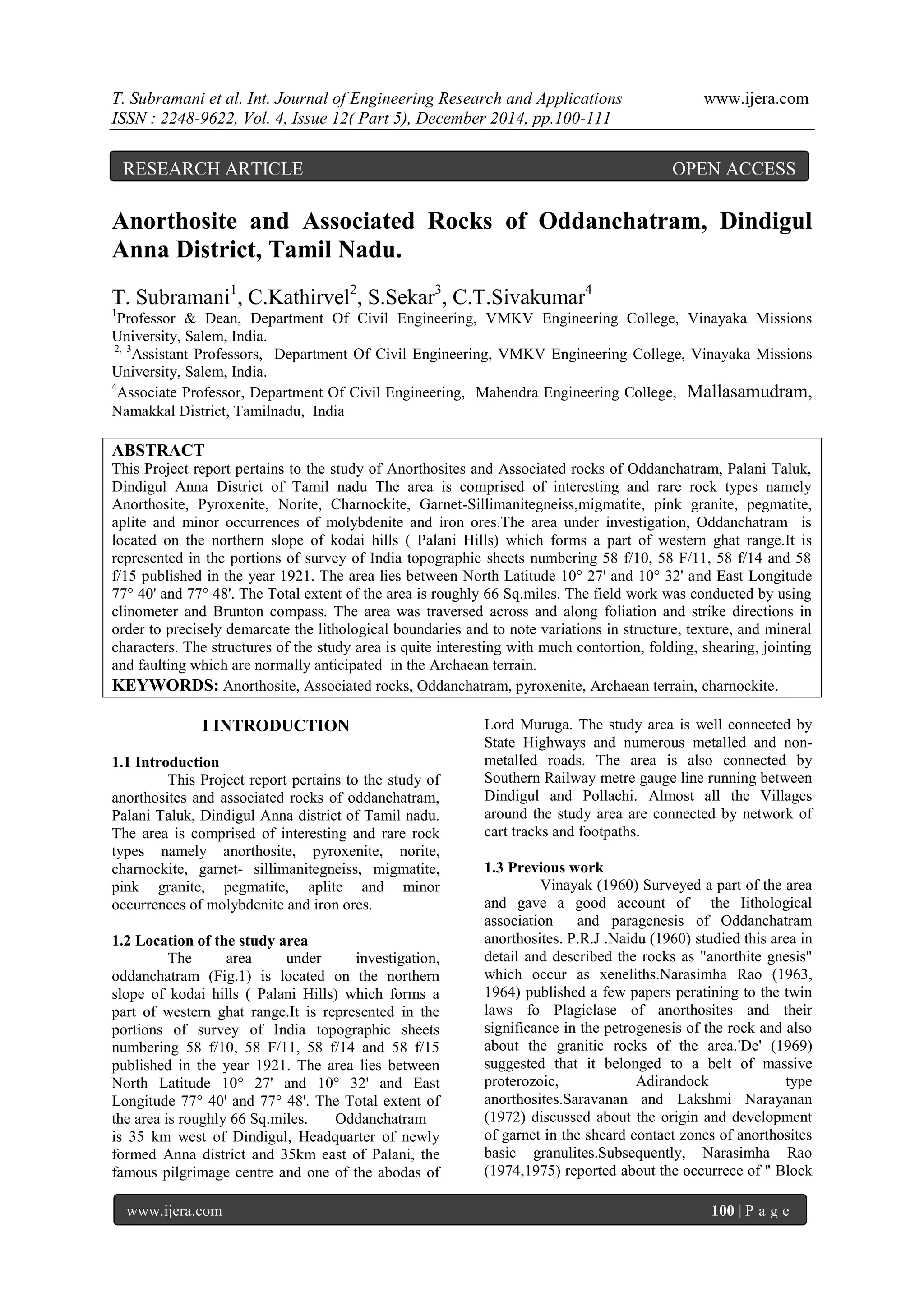Anorthosite and Associated Rocks of Oddanchatram, Dindigul Anna ...