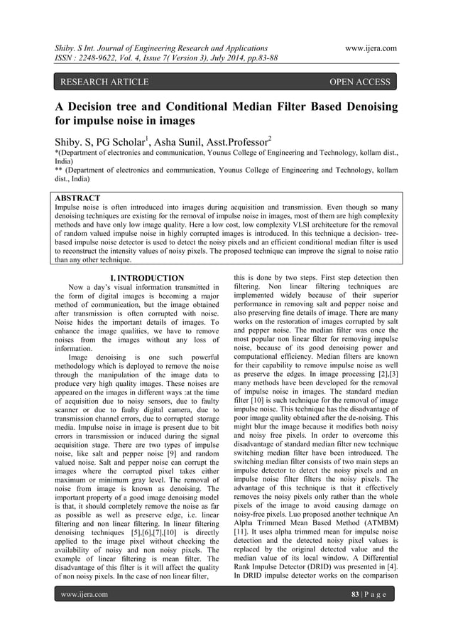 A Decision tree and Conditional Median Filter Based Denoising for impulse noise in images | PDF ...