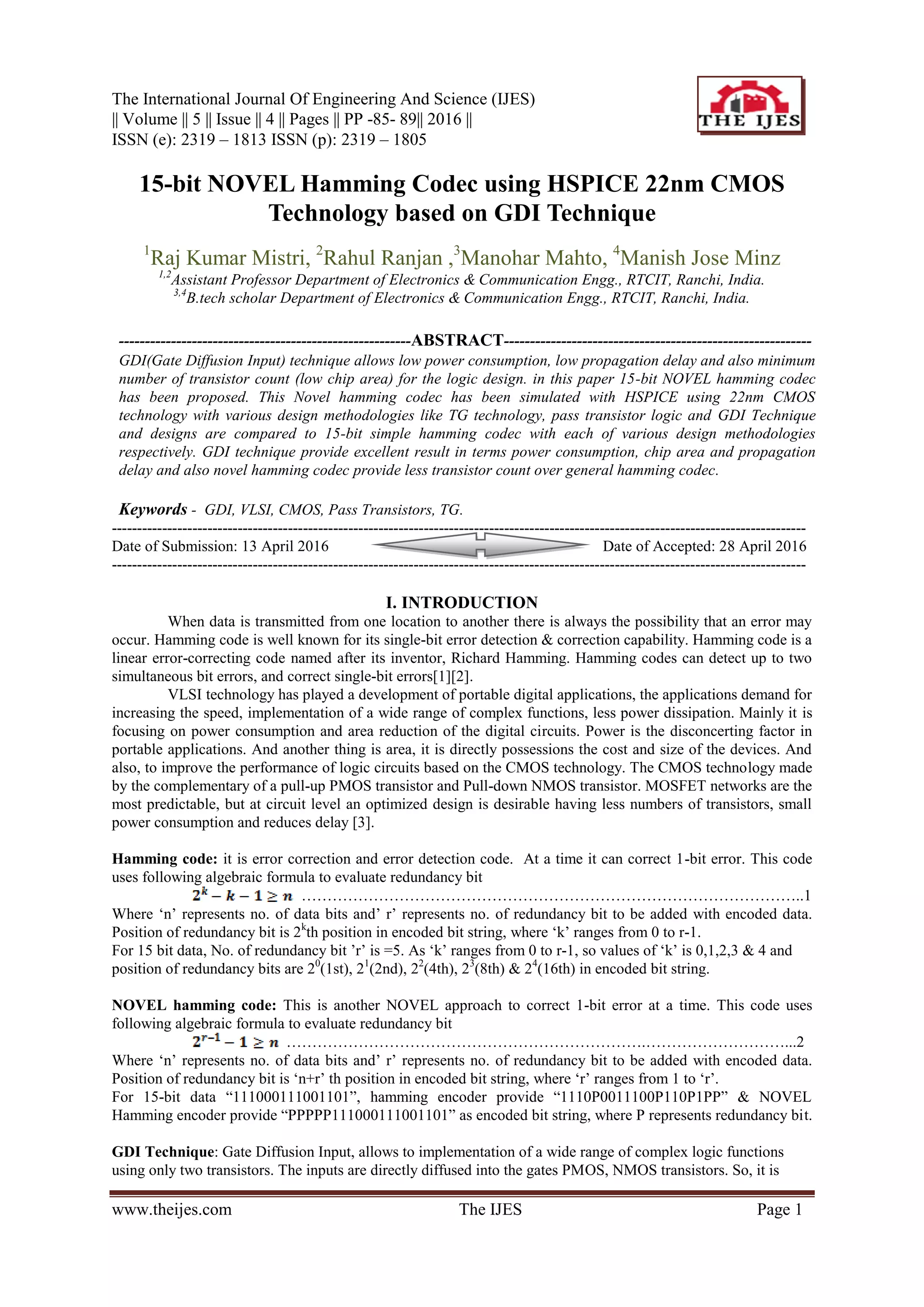 15-bit NOVEL Hamming Codec using HSPICE 22nm CMOS Technology based on ...
