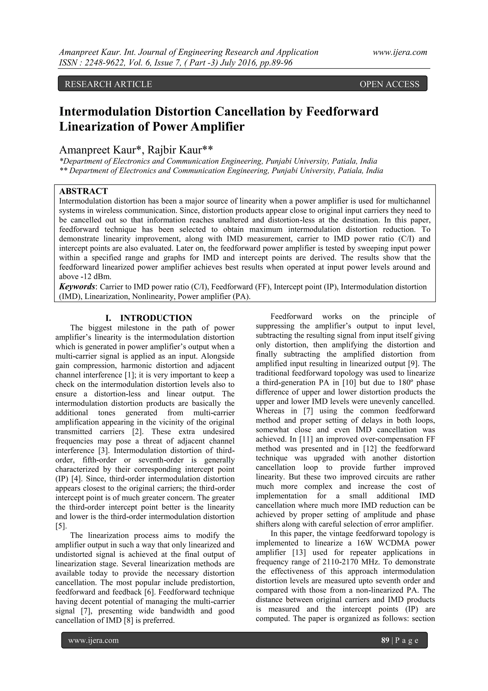 Intermodulation Distortion Cancellation by Feedforward Linearization of Power Amplifier | PDF