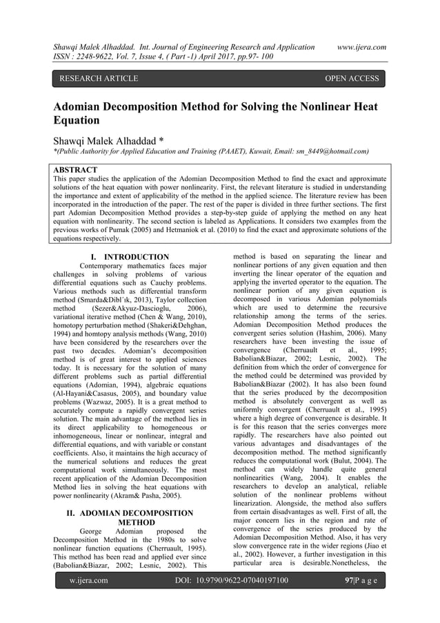 Adomian Decomposition Method For Solving The Nonlinear Heat Equation Pdf