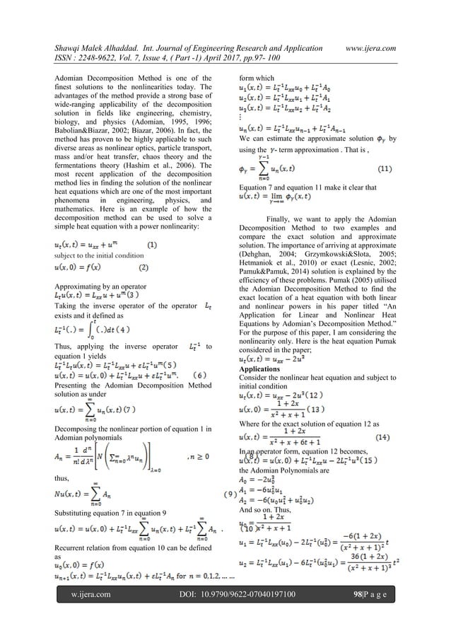 Adomian Decomposition Method For Solving The Nonlinear Heat Equation Pdf