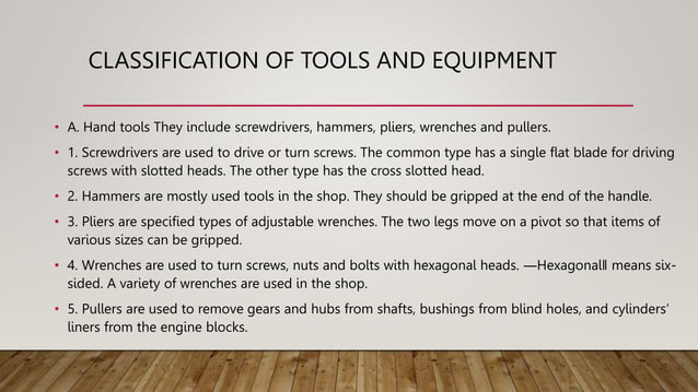 Classification_of_Tools_and_Equipment.pptx | Woodworking | Arts and Crafts