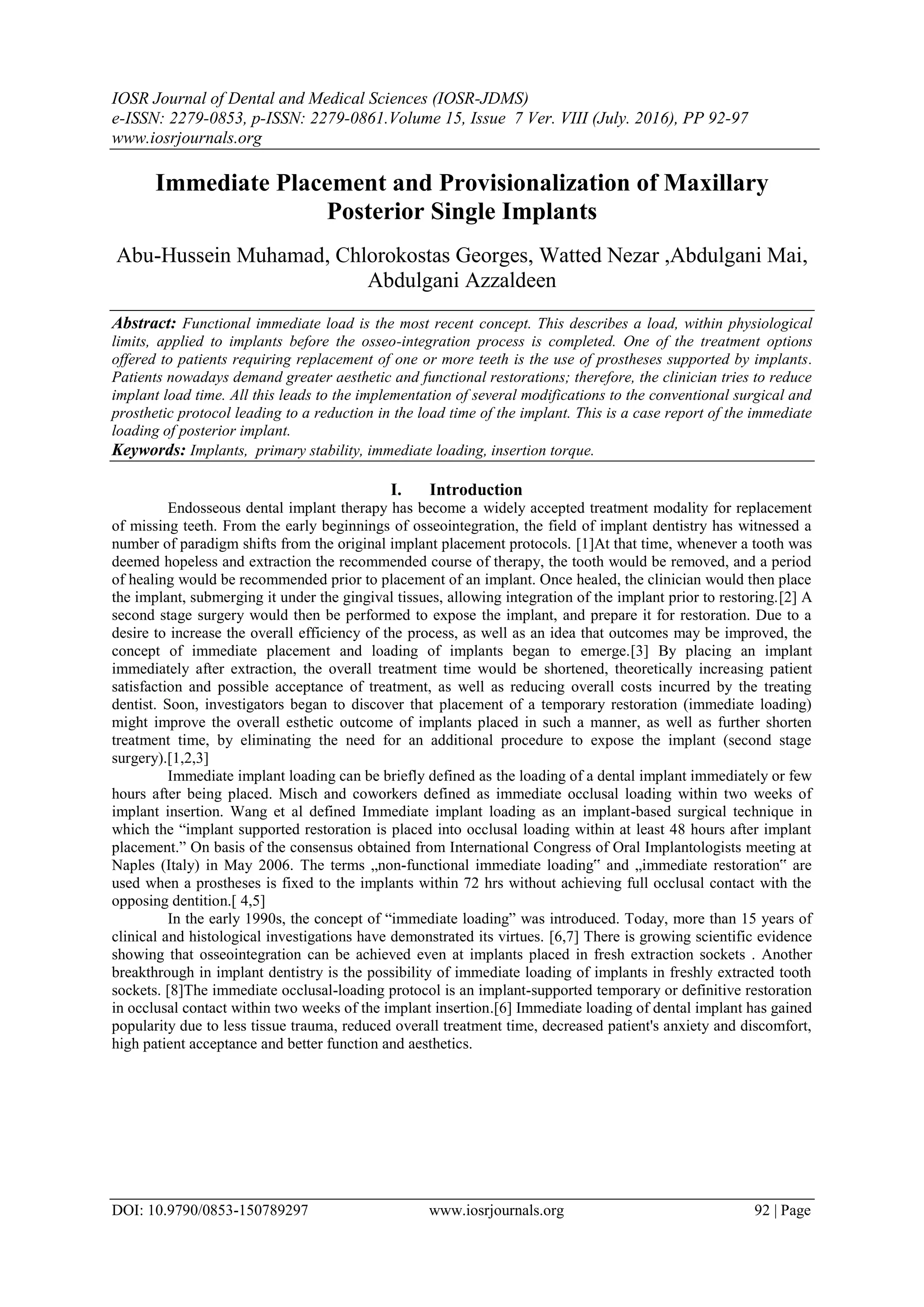 Immediate Placement and Provisionalization of Maxillary Posterior ...