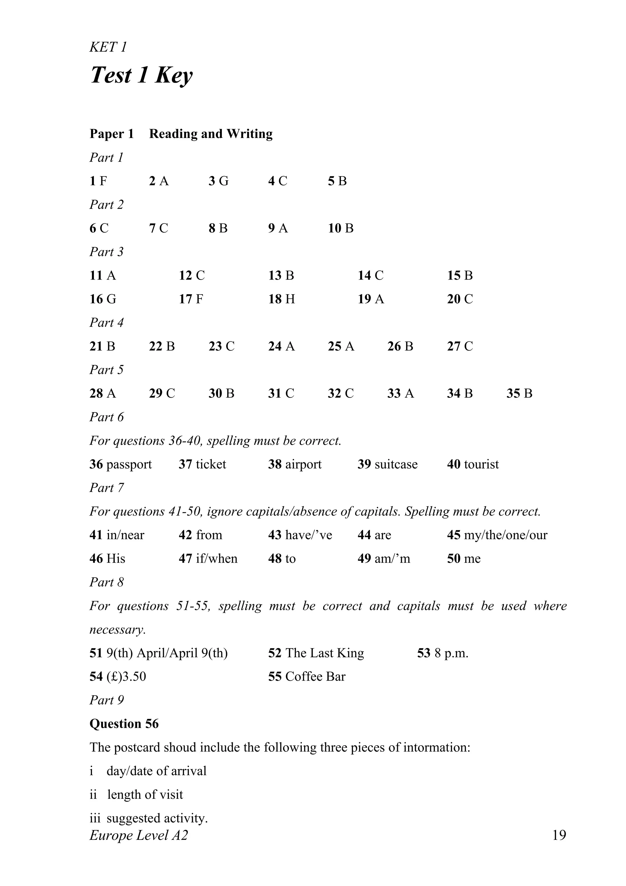 Cambridge KET 1 with answers | PDF