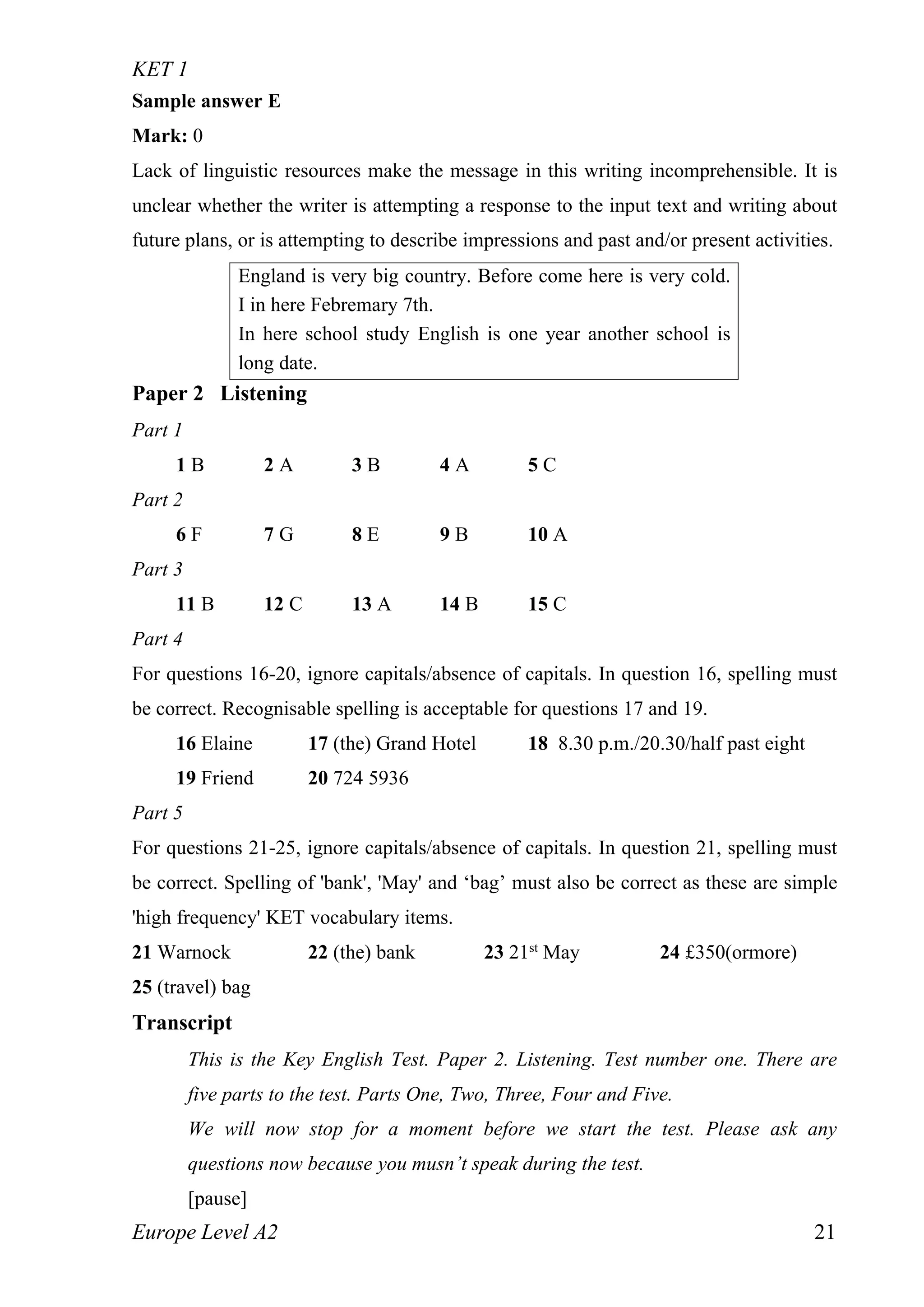 Cambridge KET 1 with answers | PDF