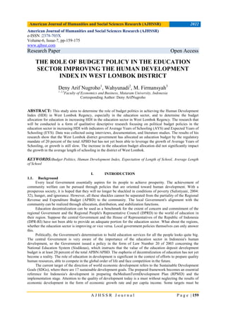 THE ROLE OF BUDGET POLICY IN THE EDUCATION SECTOR IMPROVING THE HUMAN DEVELOPMENT INDEX IN WEST ...