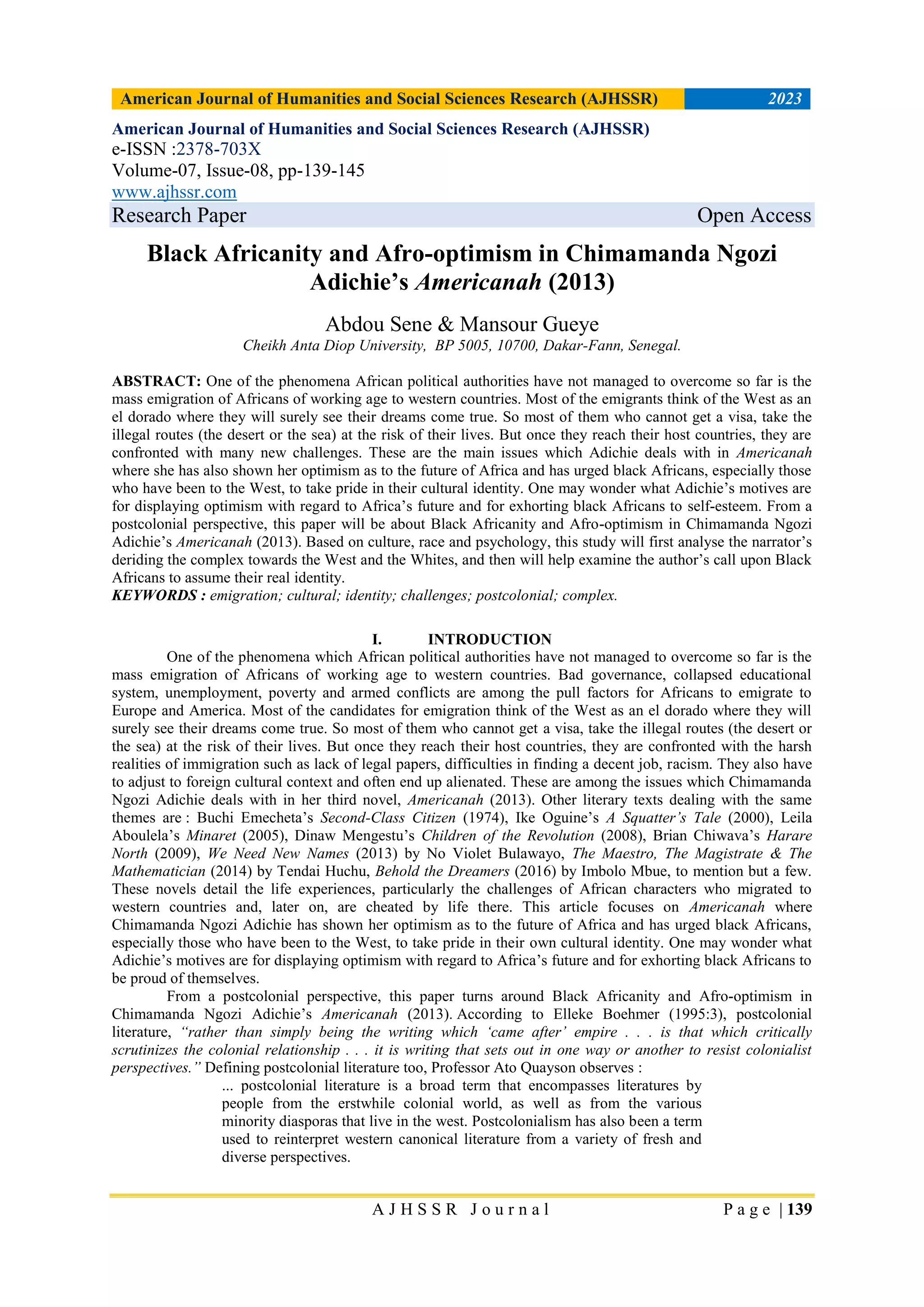 Black Africanity and Afro-optimism in Chimamanda Ngozi Adichie’s ...