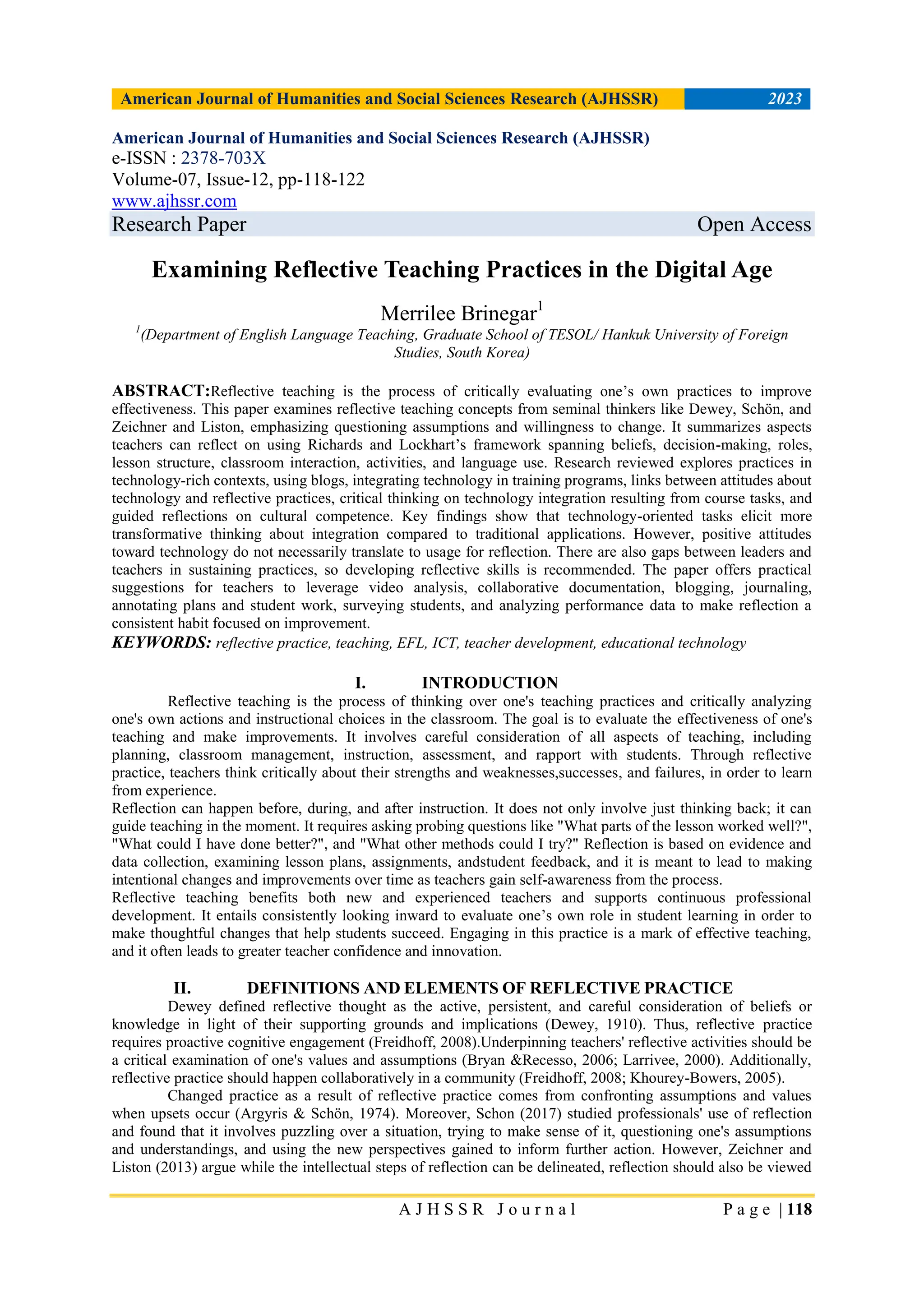 Examining Reflective Teaching Practices in the Digital Age | PDF