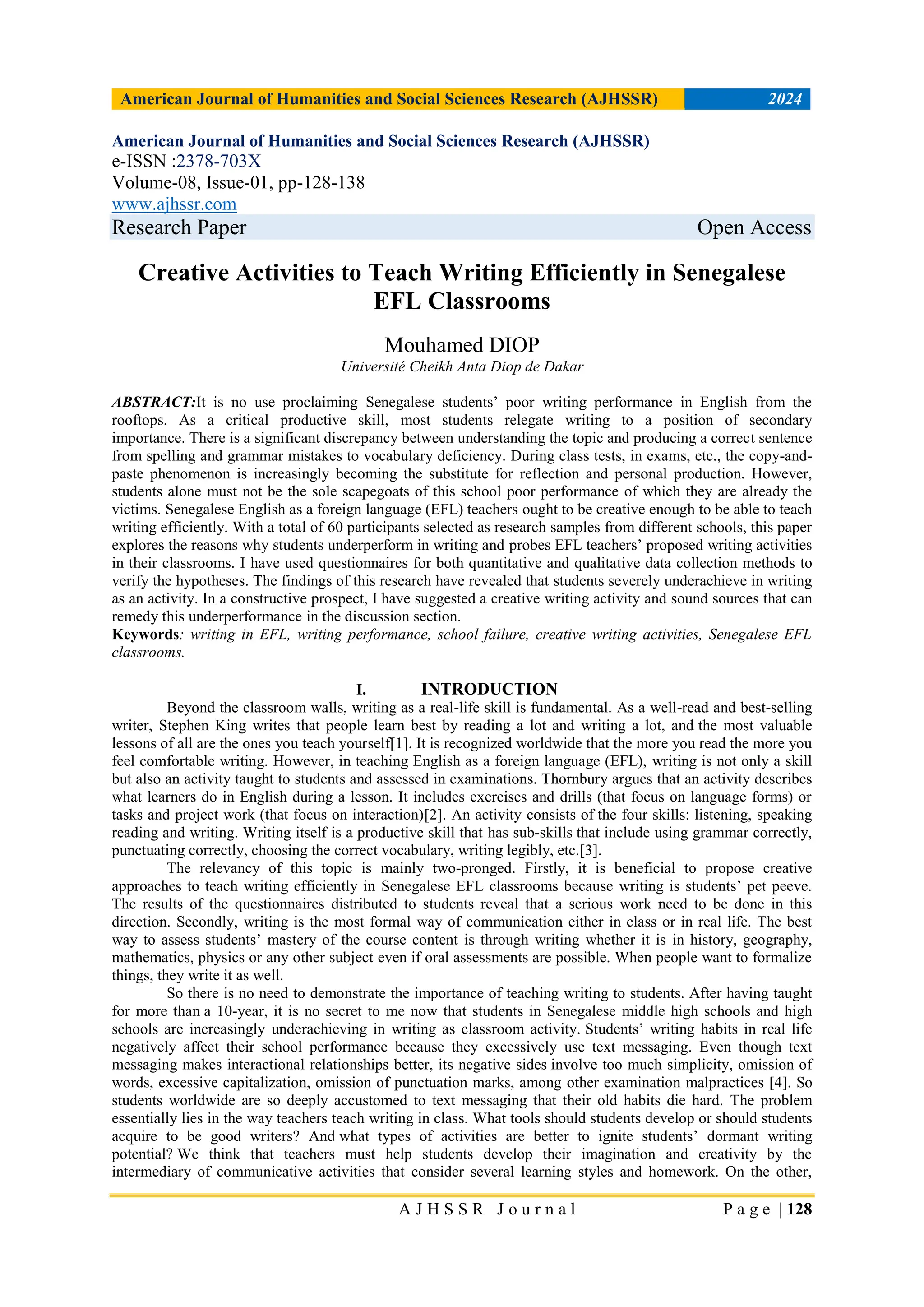 Creative Activities to Teach Writing Efficiently in Senegalese EFL ...