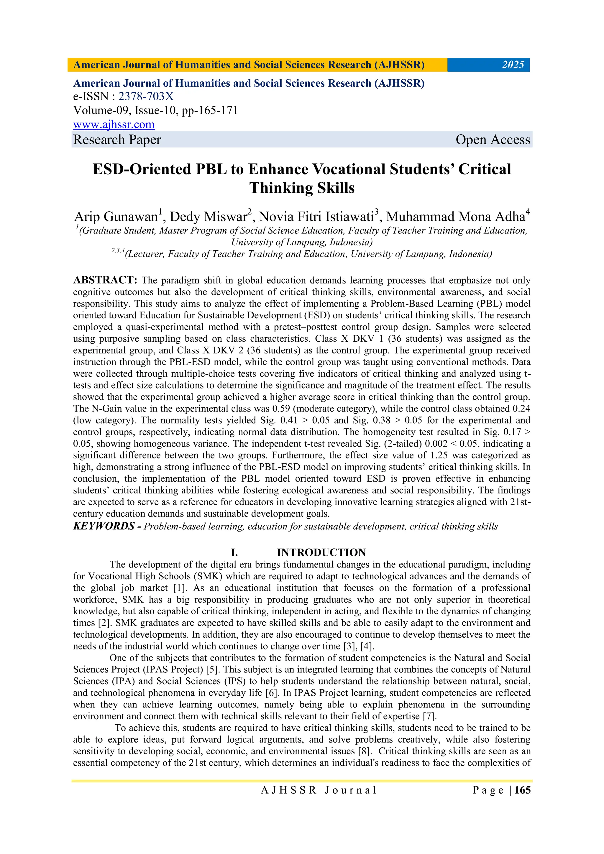ESD-Oriented PBL to Enhance Vocational Students’ Critical Thinking Skills | PDF
