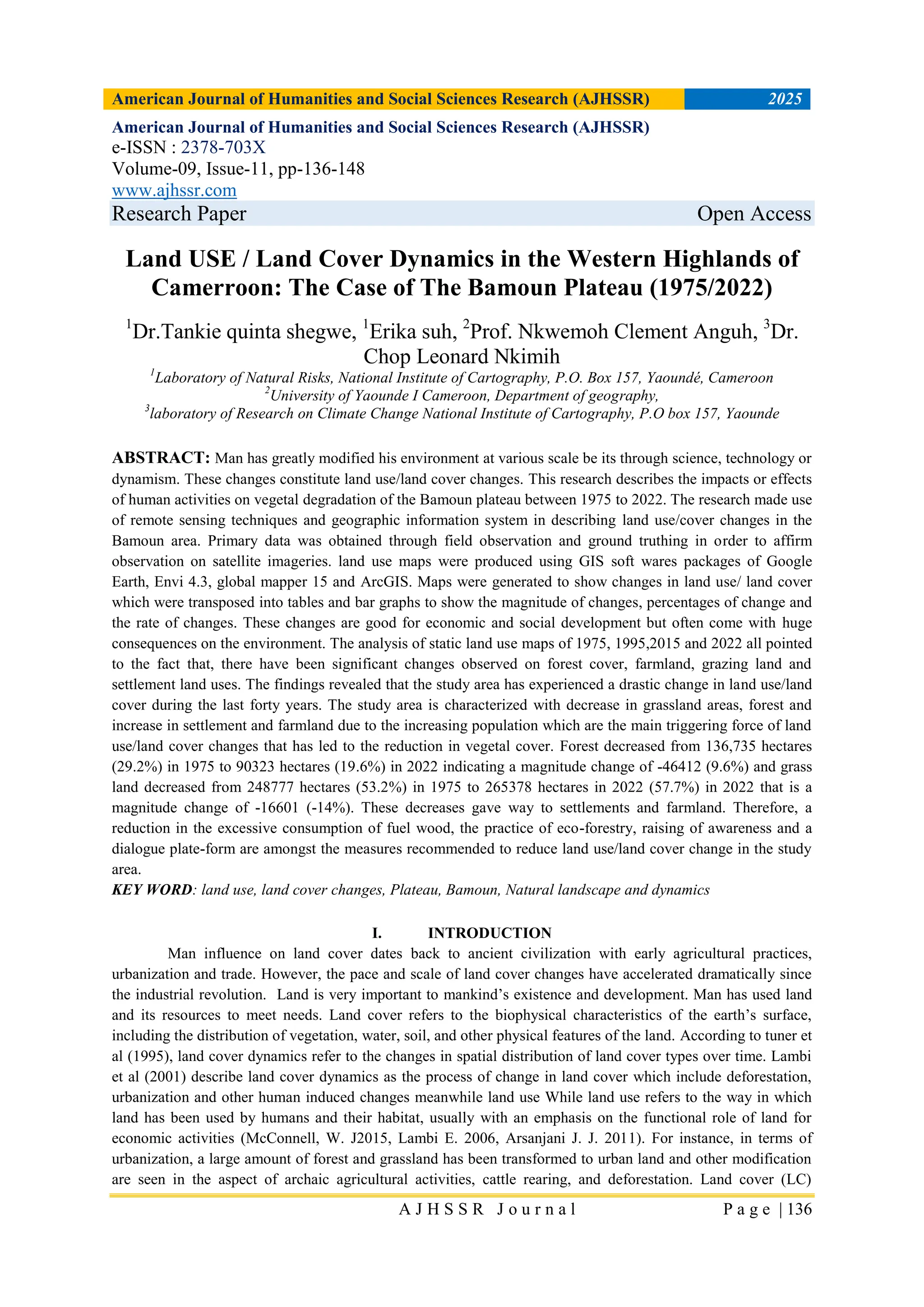 Land USE / Land Cover Dynamics in the Western Highlands of Camerroon ...
