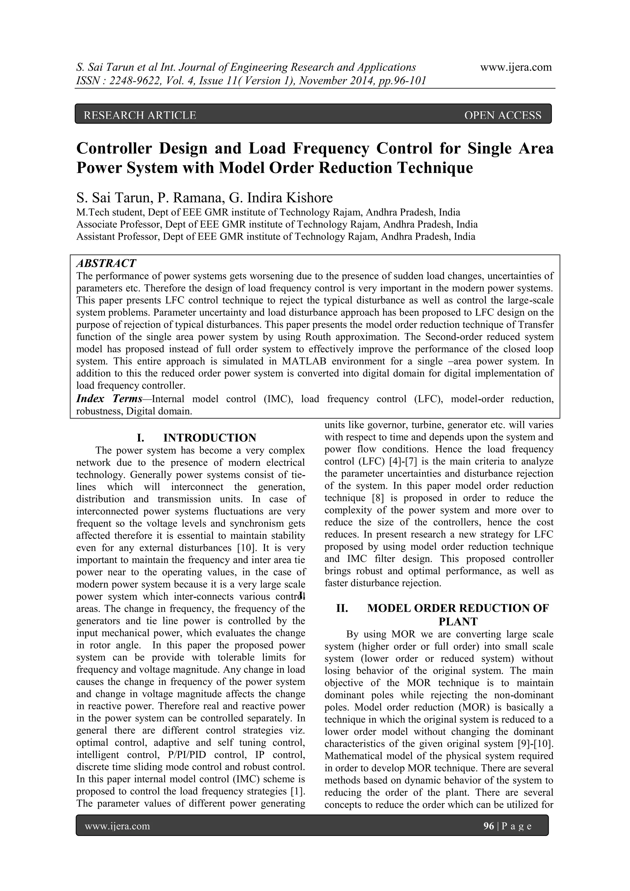 Controller Design and Load Frequency Control for Single Area Power System with Model Order ...