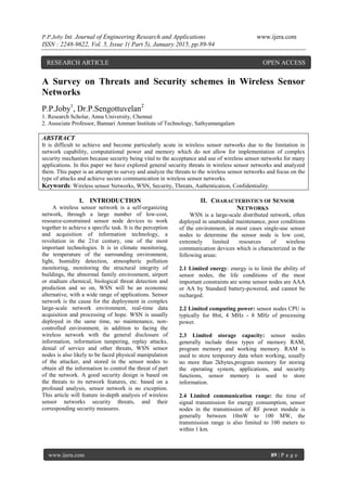 A Survey on Threats and Security schemes in Wireless Sensor Networks | PDF