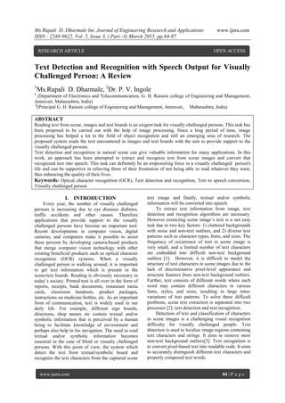 Text Detection and Recognition with Speech Output for Visually ...