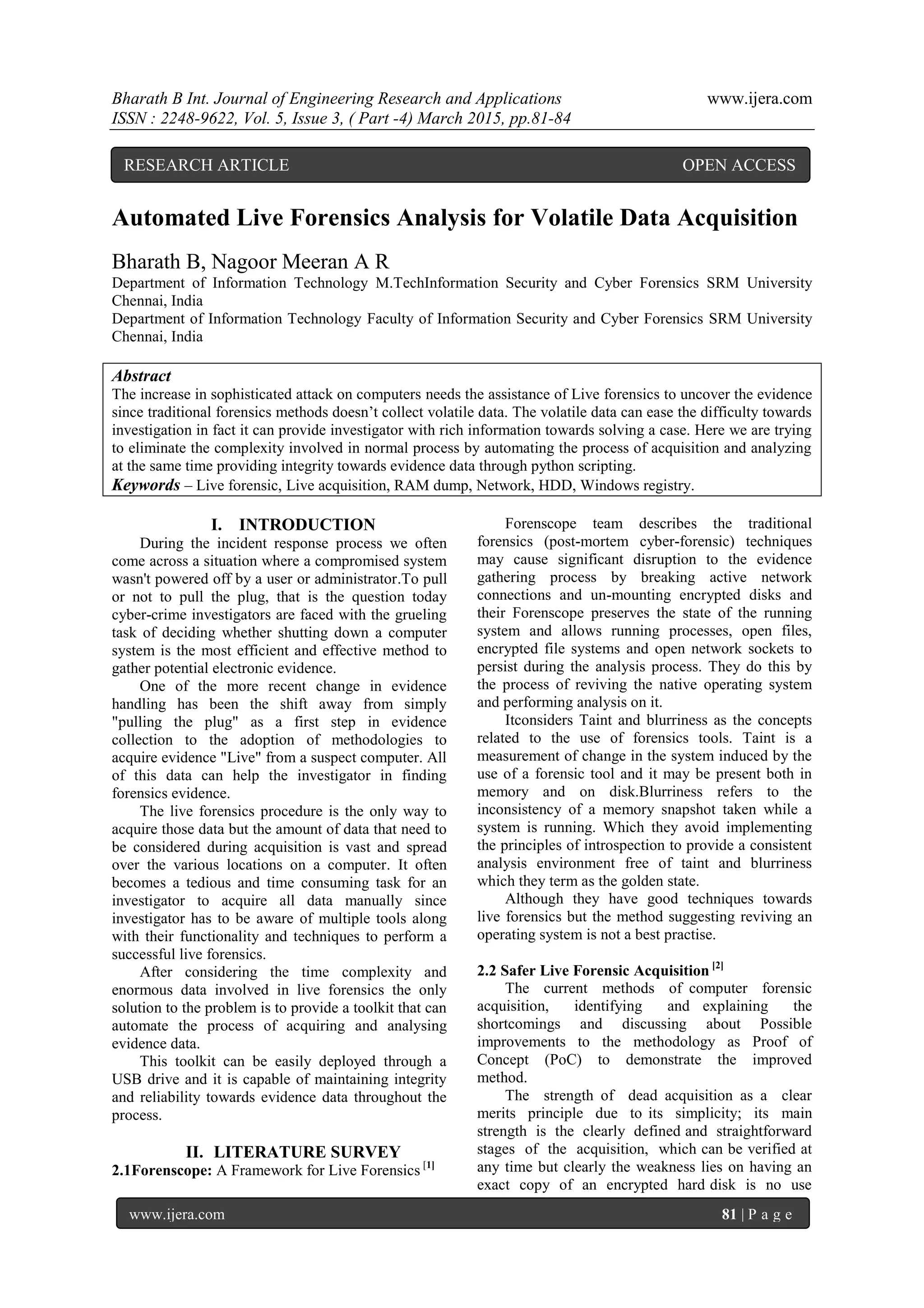 Automated Live Forensics Analysis for Volatile Data Acquisition | PDF