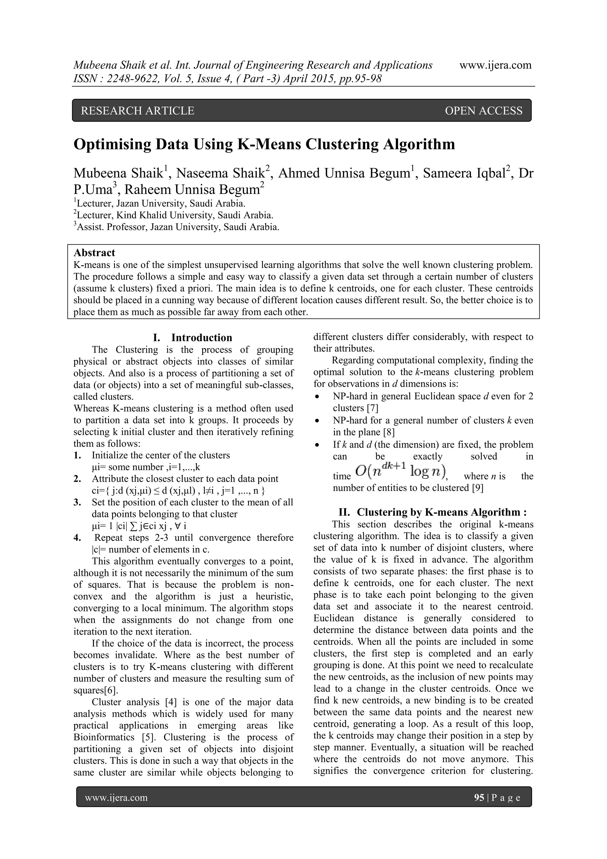 Optimising Data Using K Means Clustering Algorithm Pdf