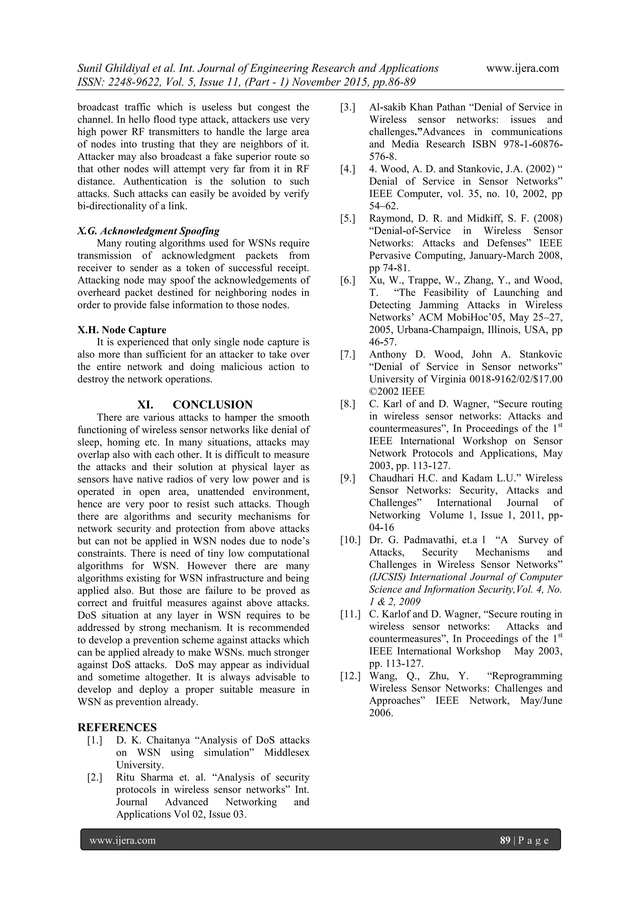 Denial of Service (DoS) Attacks at Network Layer in WSN | PDF