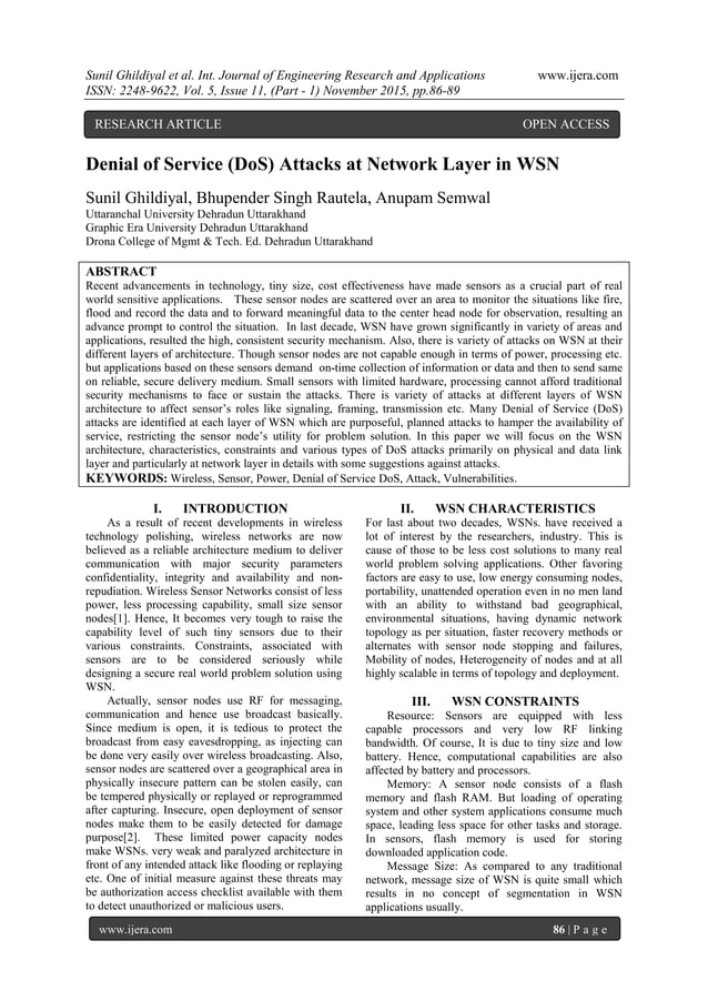 Denial of Service (DoS) Attacks at Network Layer in WSN | PDF