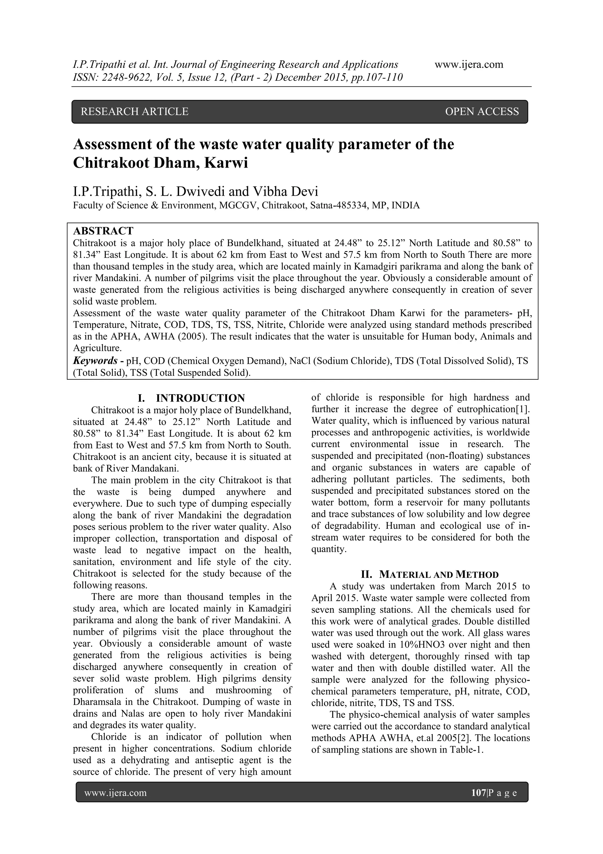 Assessment of the waste water quality parameter of the Chitrakoot Dham, Karwi | PDF