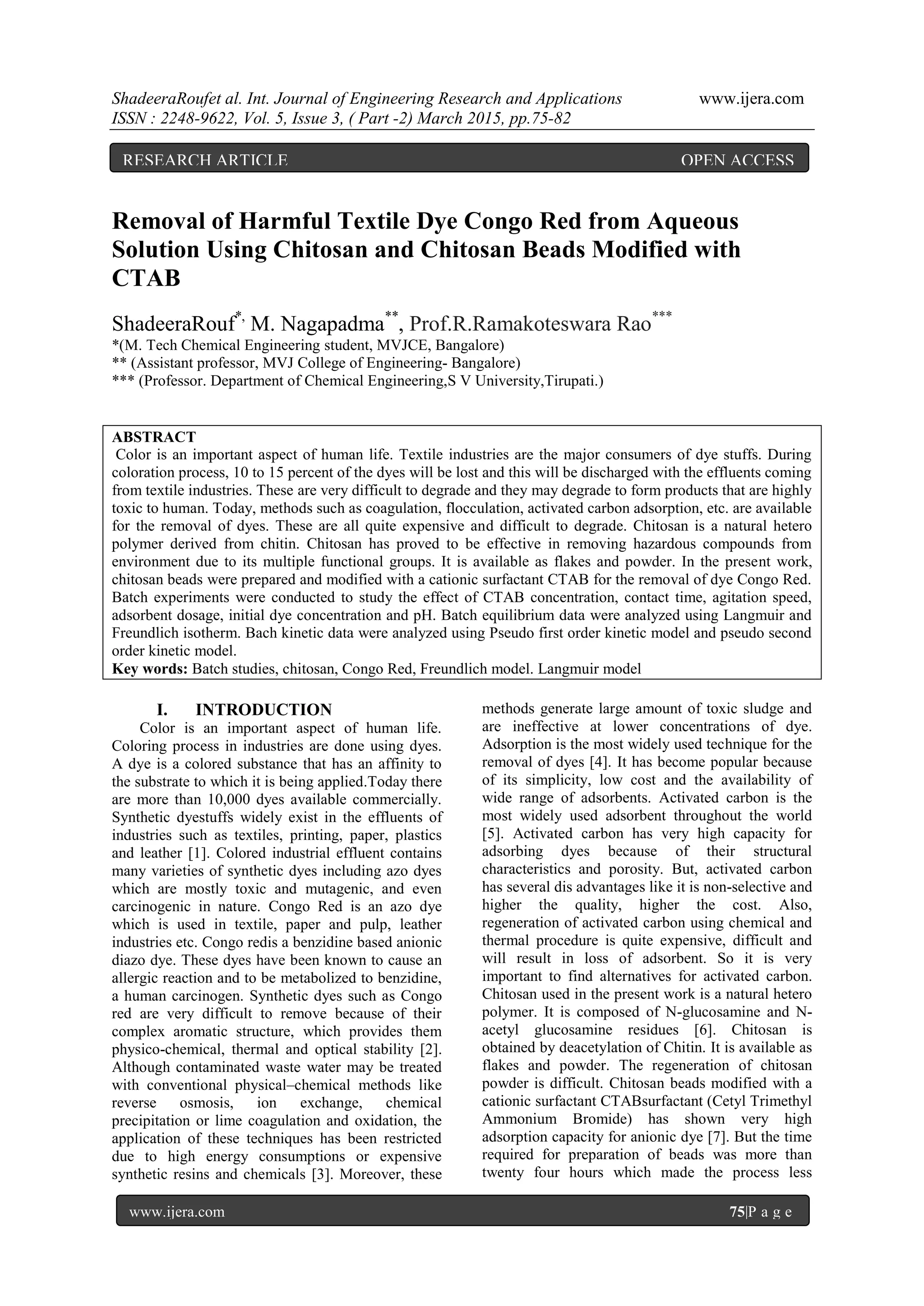 Removal of Harmful Textile Dye Congo Red from Aqueous Solution Using ...