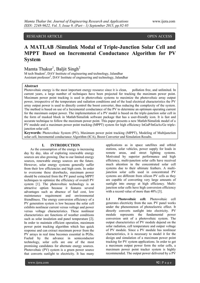 A Matlab Simulink Modal Of Triple Junction Solar Cell And Mppt Based On Incremental Conductance