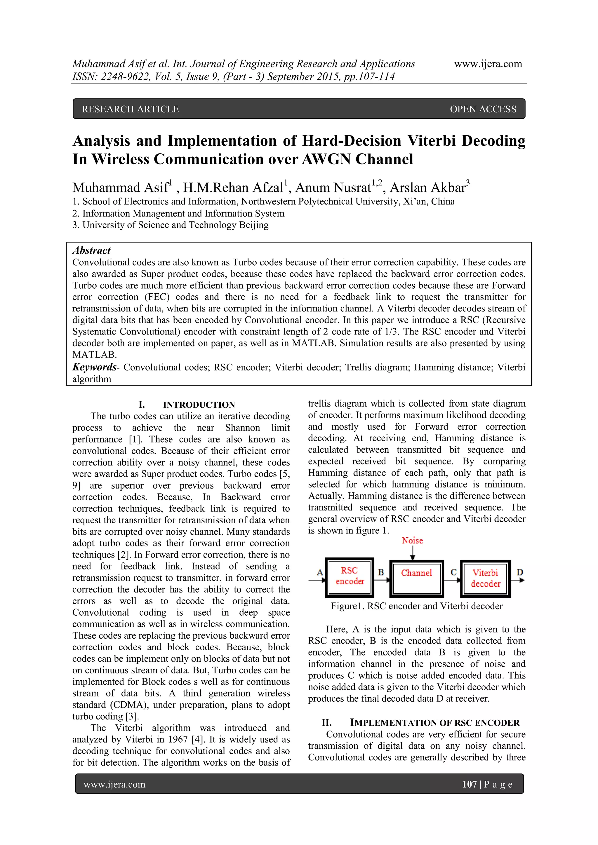 Analysis And Implementation Of Hard Decision Viterbi Decoding In Wireless Communication Over 