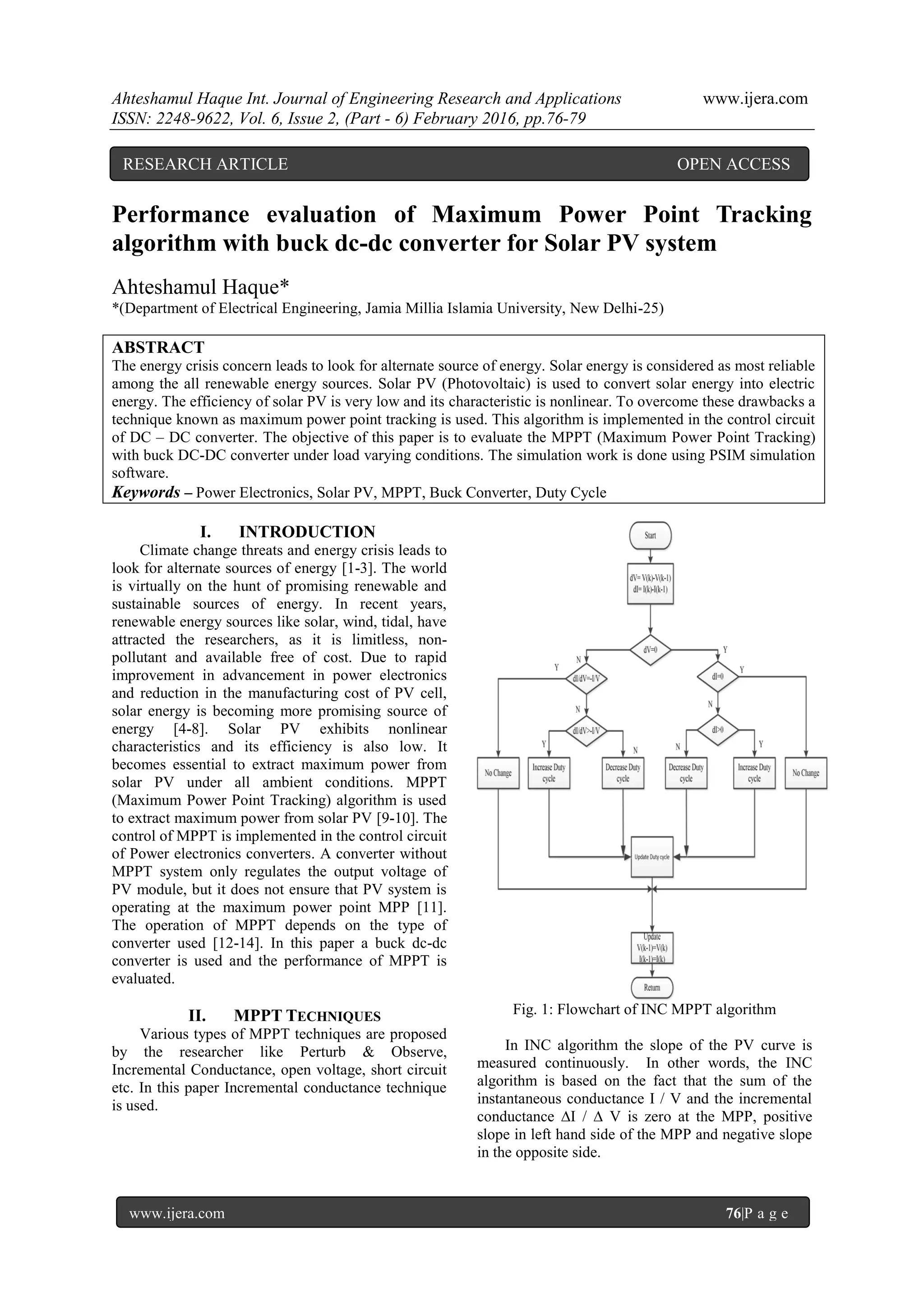 Performance Evaluation Of Maximum Power Point Tracking Algorithm With Buck Dc Dc Converter For