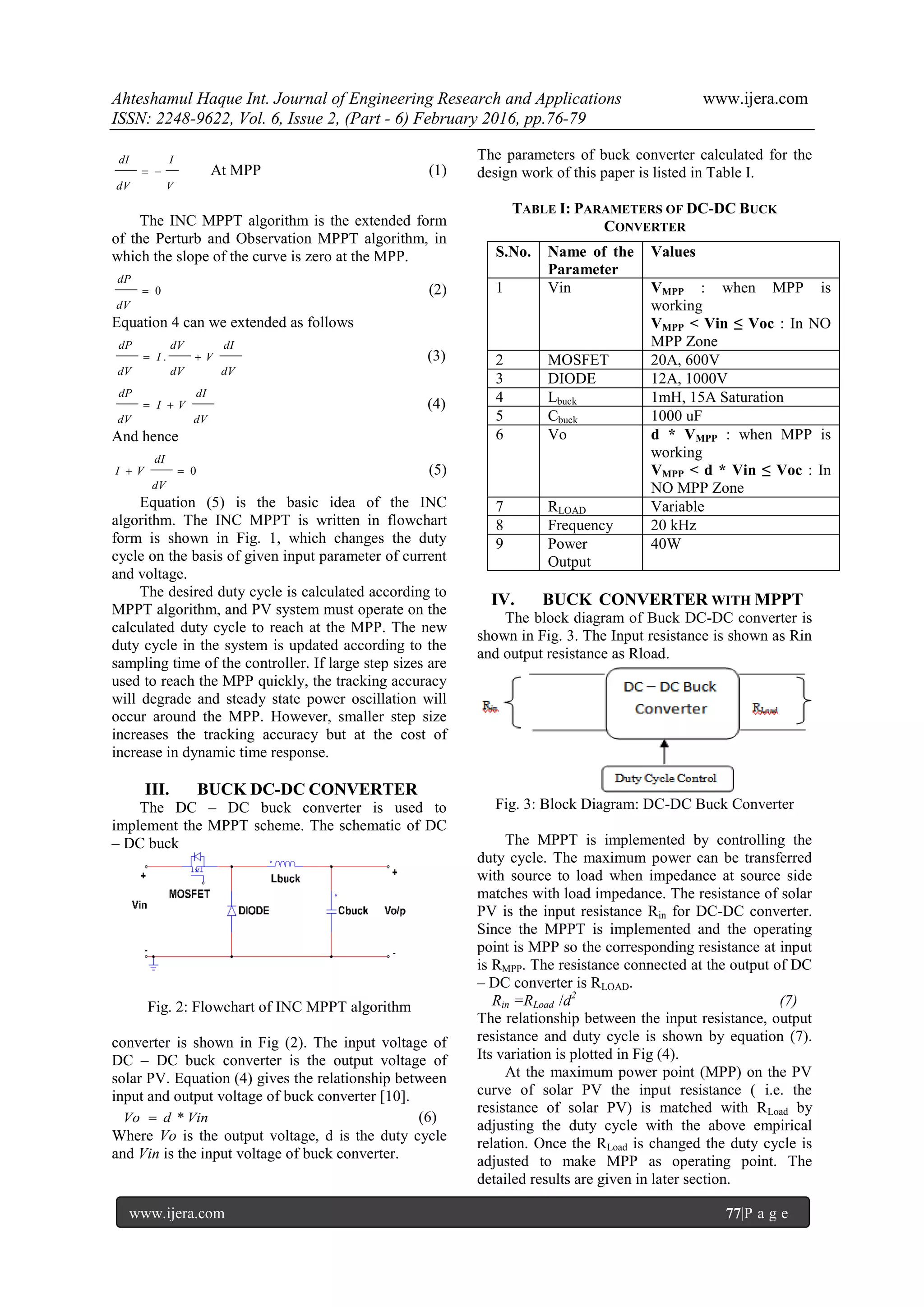 Performance Evaluation Of Maximum Power Point Tracking Algorithm With Buck Dc Dc Converter For