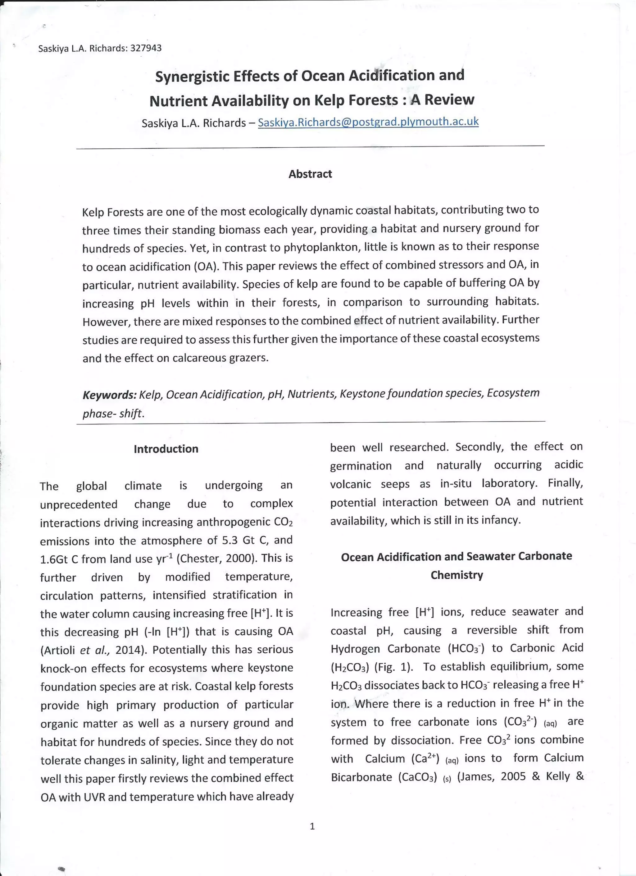 Synergistic Effect of Ocean Acidification and Nutrient Availability on Giant Kelp Forests | PDF