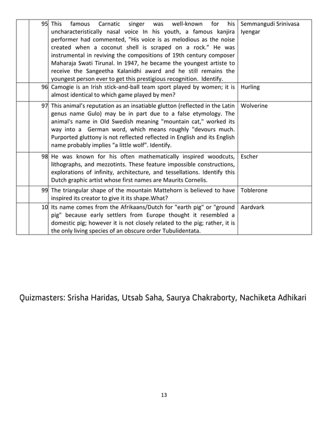 Oasis Quiz Lone Wolf Edition - Answers | PDF