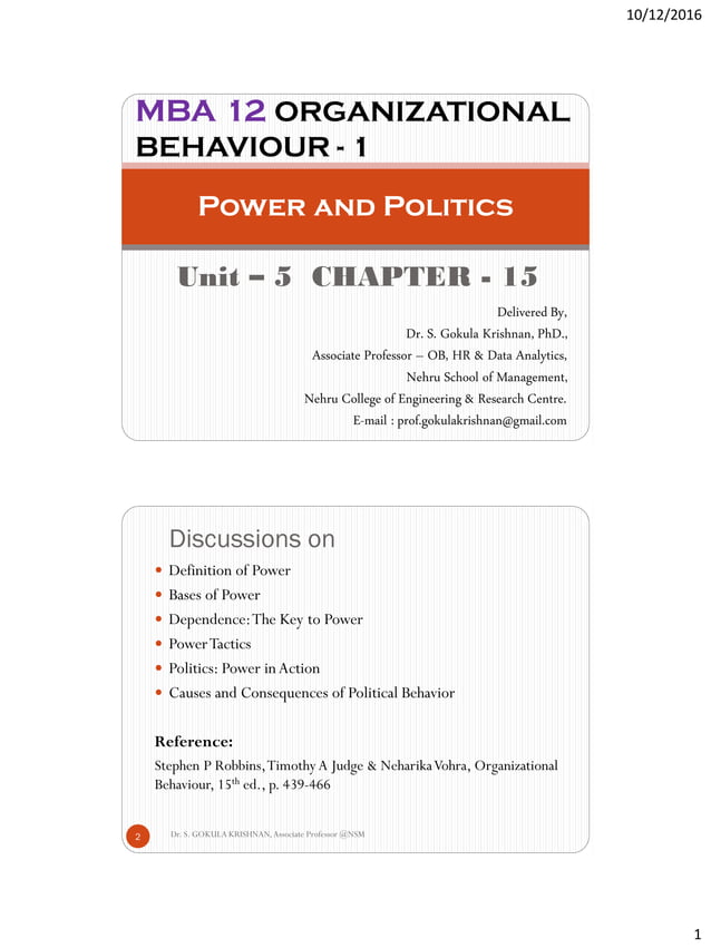 Ob1 unit 4 chapter - 15 - power and politics | PDF