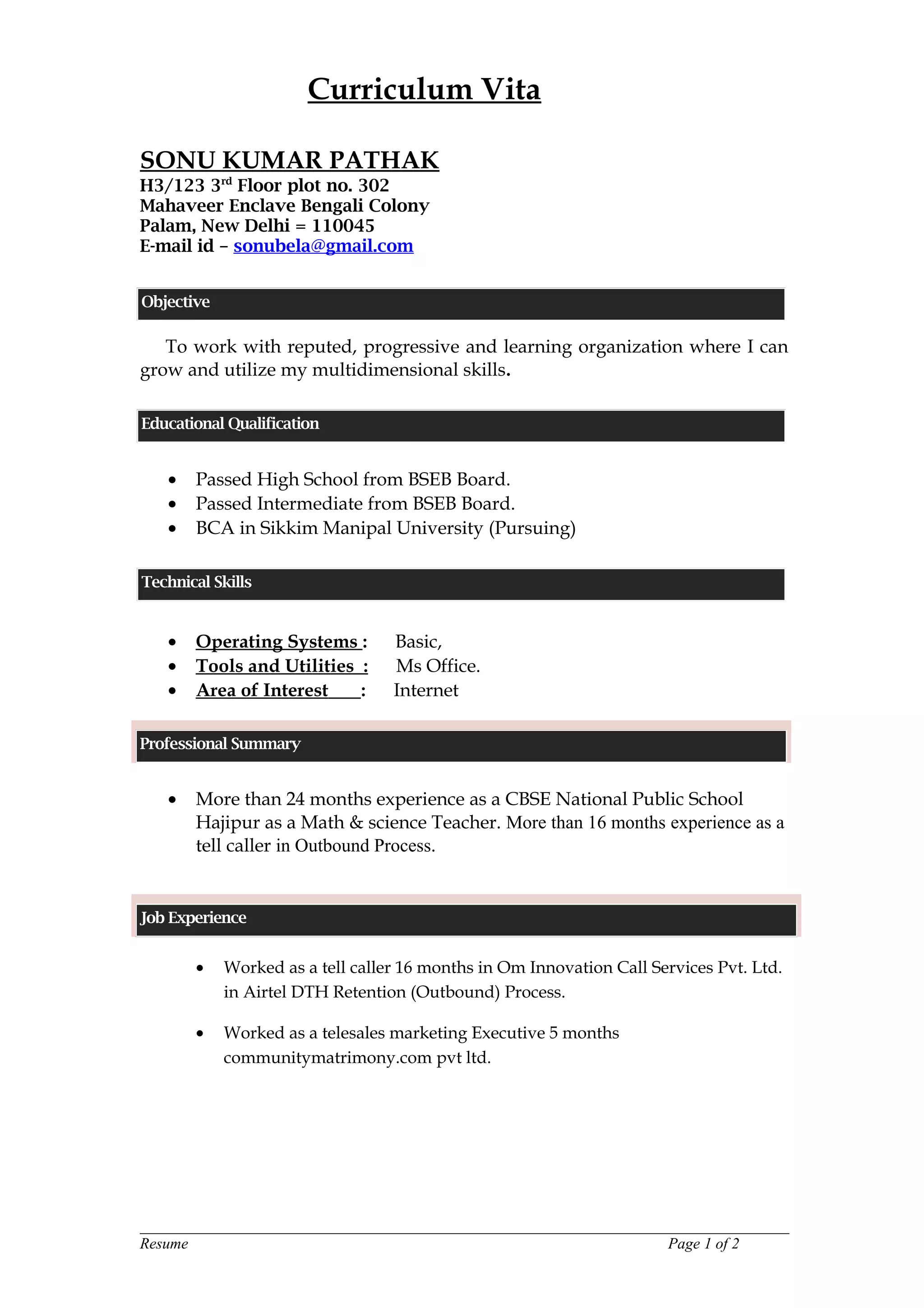 Sonu kumar pathak resume | PDF