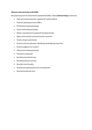 Obavezna dokumentacija za iso 22301 | DOCX