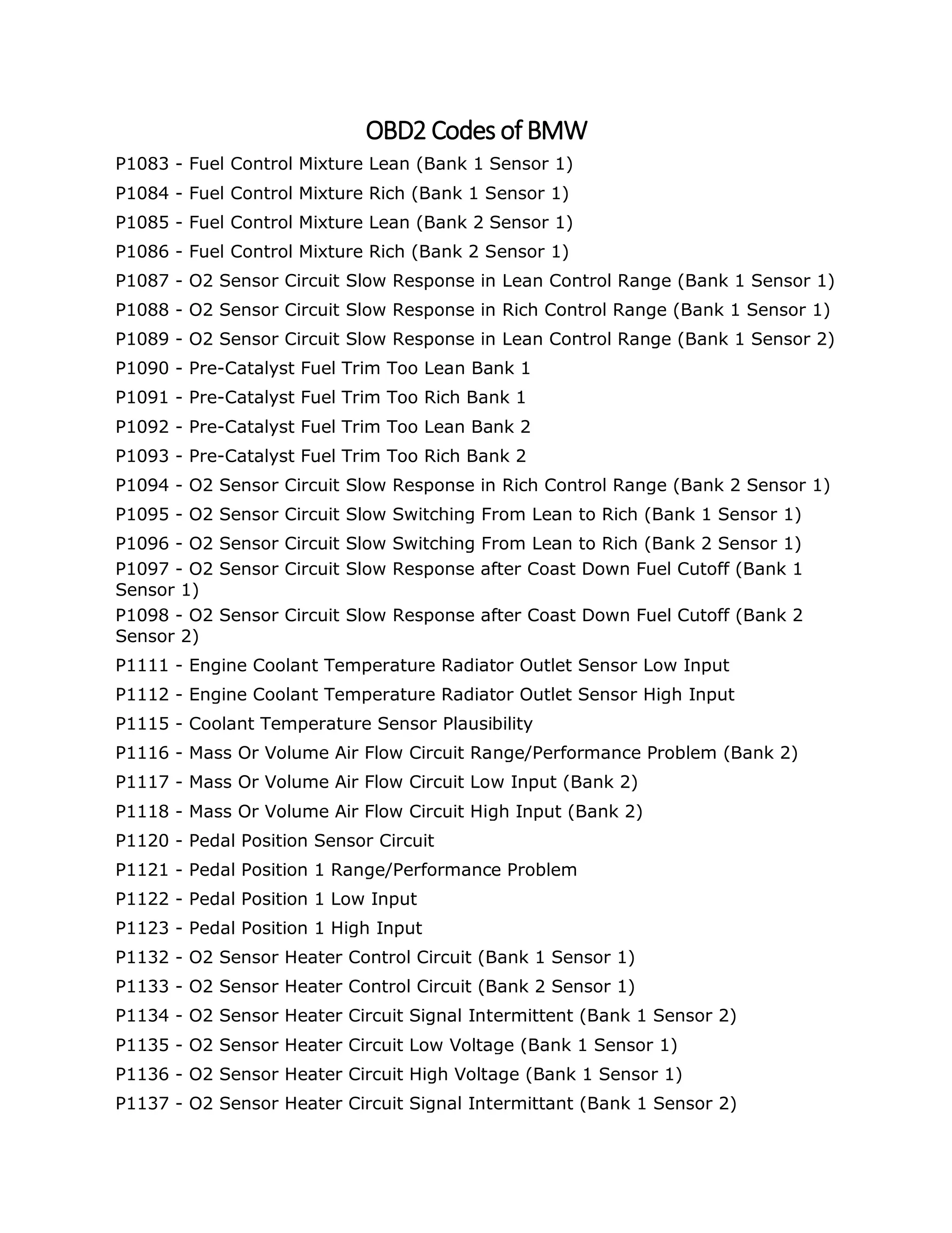 BMW OBD2 Codes | PDF