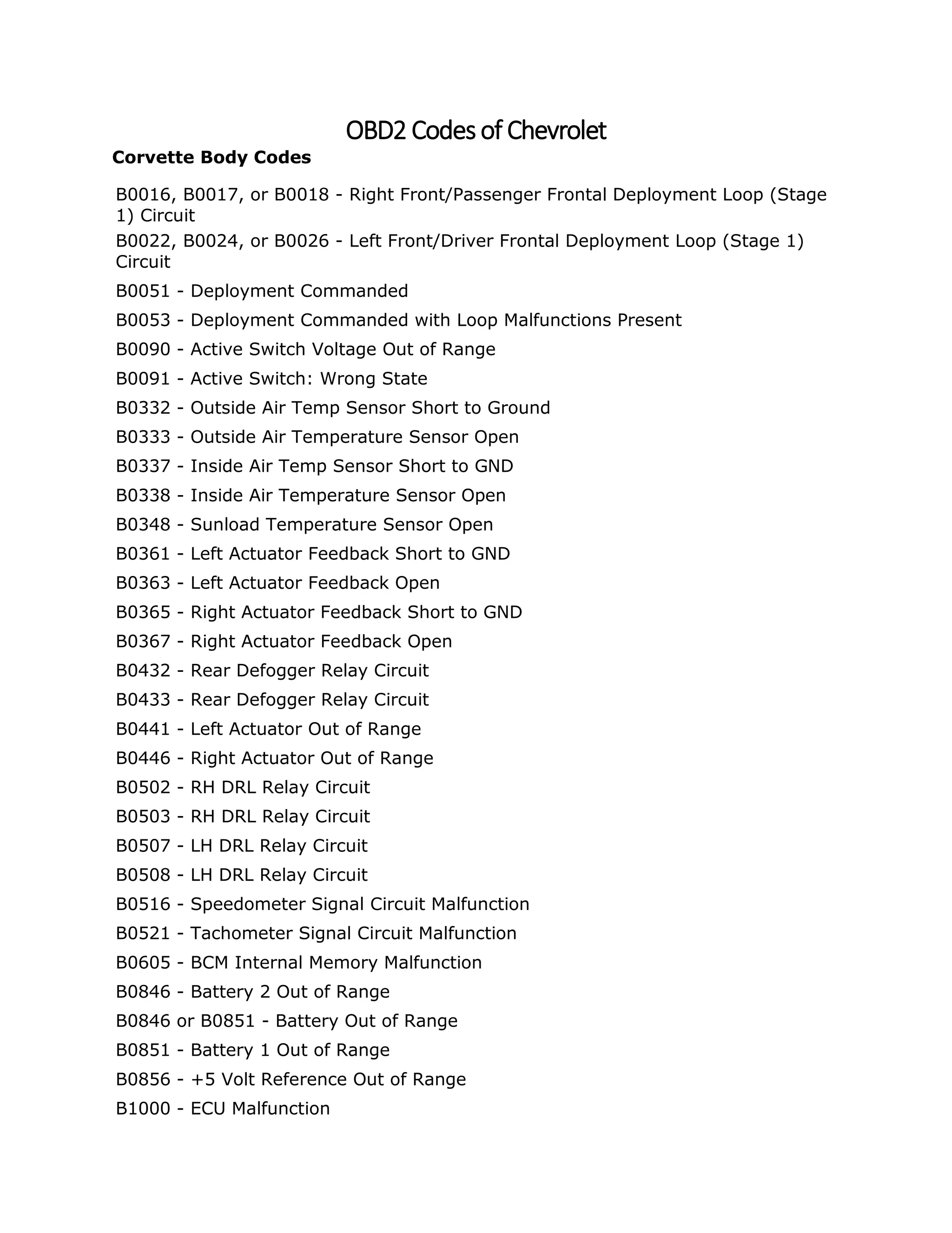 Chevrolet OBD2 Codes | PDF