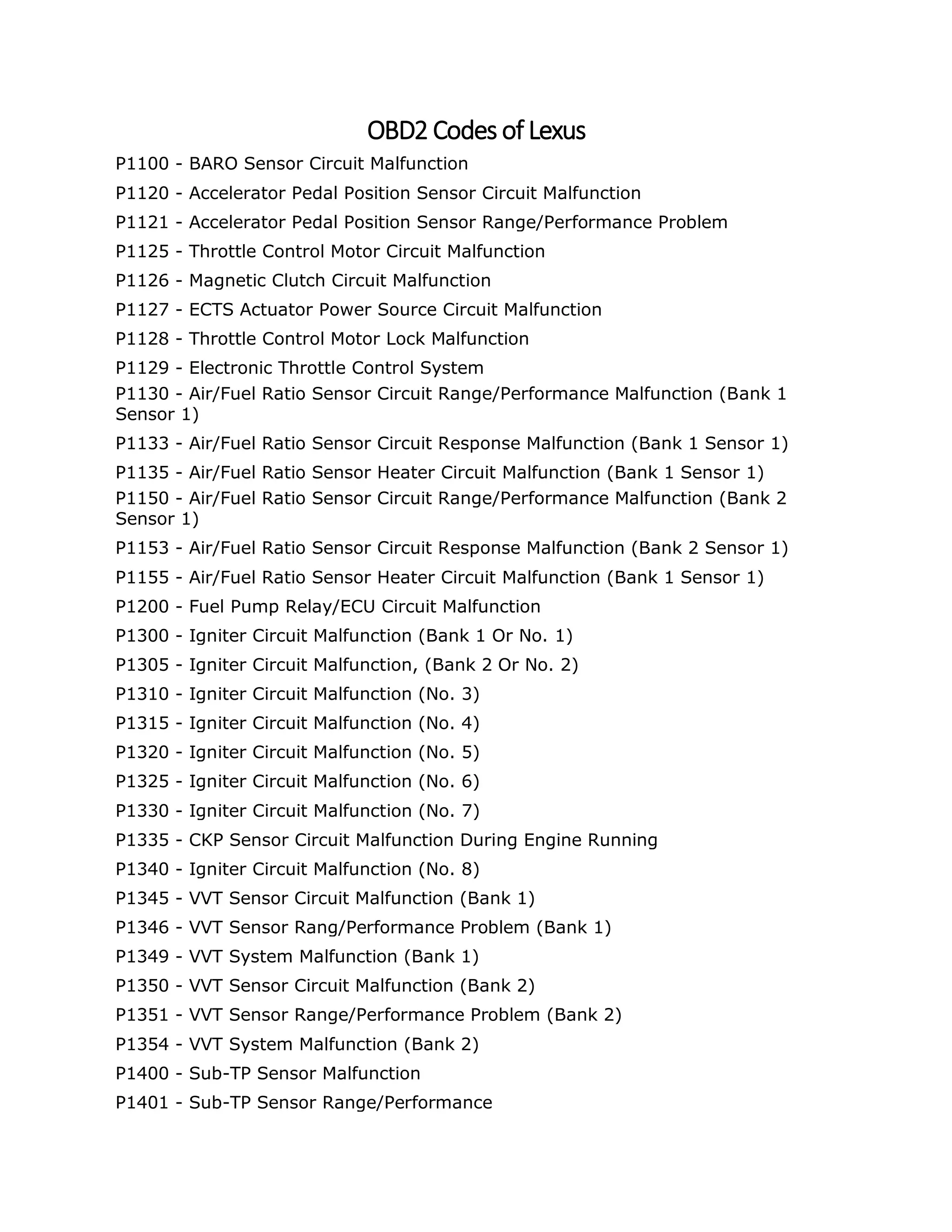 Lexus OBD2 Codes | PDF