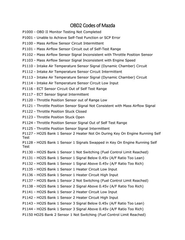 Mazda OBD2 Codes | PDF | Auto Type | Automotive