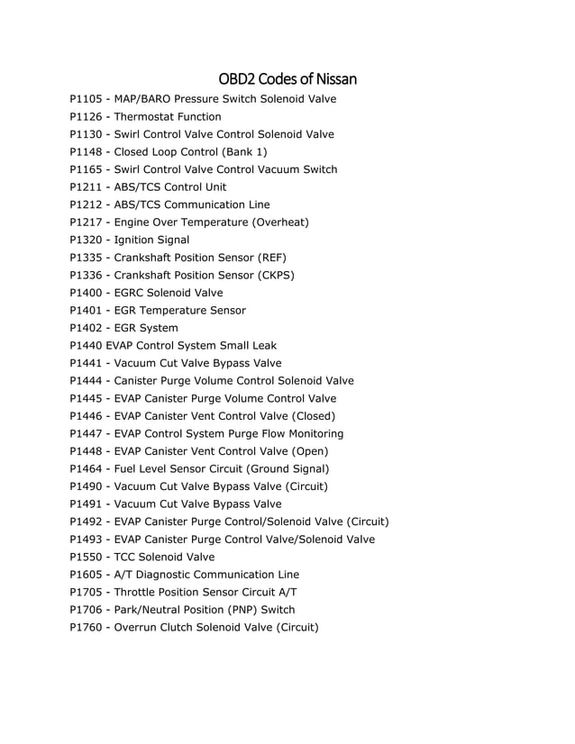 Nissan OBD2 Codes | PDF