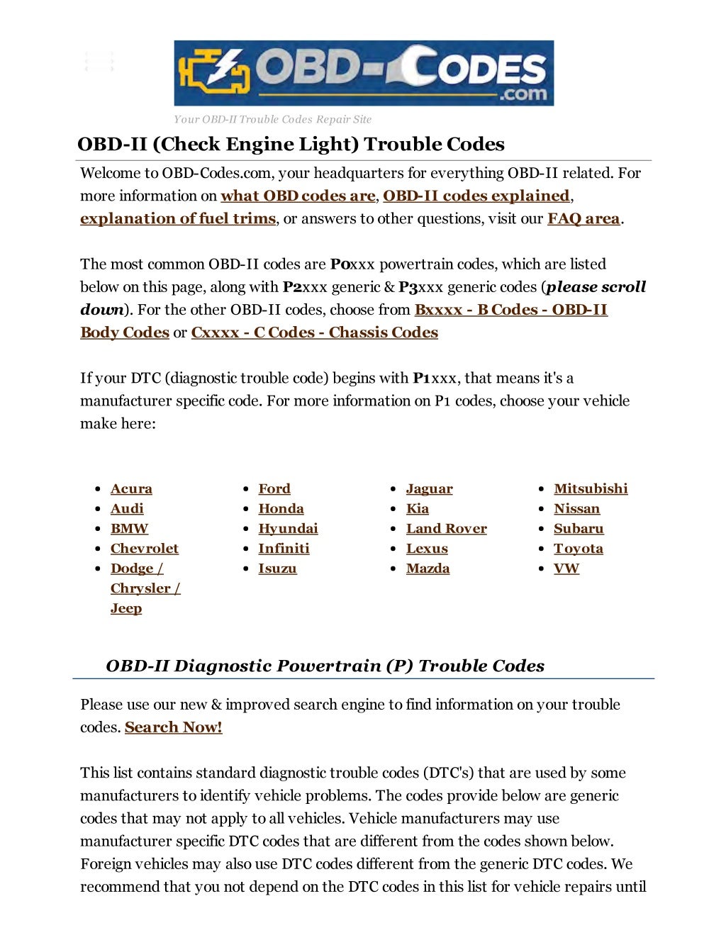 Obd Ii Diagnostic Trouble Codes Dtc