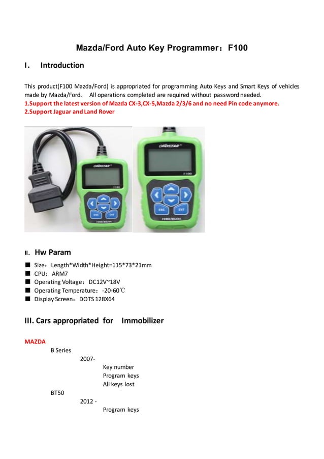 OBDSTAR F100 Ford Mazda key programmer overview | DOCX