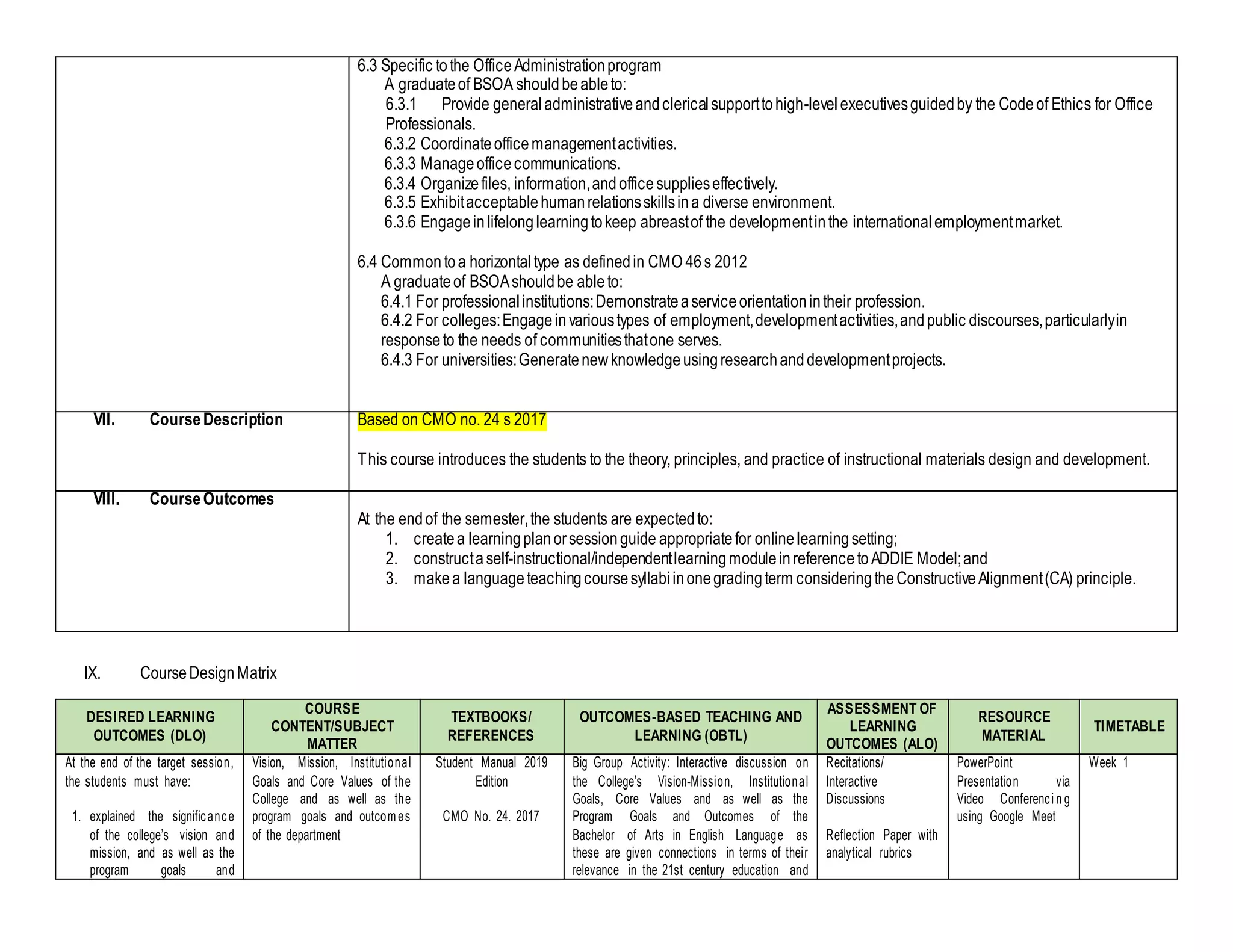 Obe course syllabi new format | DOCX