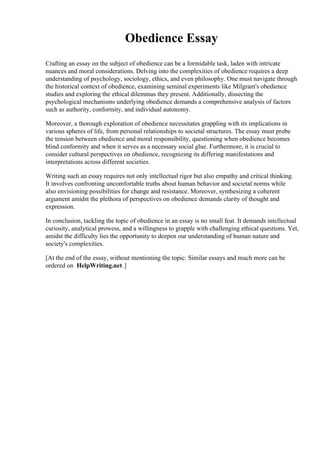 Obedience Essay. Kendall College of Art and Design of Ferris State ...