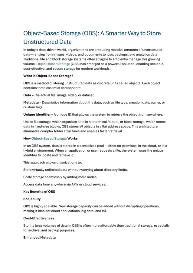 Object-Based Storage (OBS): A Smarter Way to Store Unstructured Data | PDF