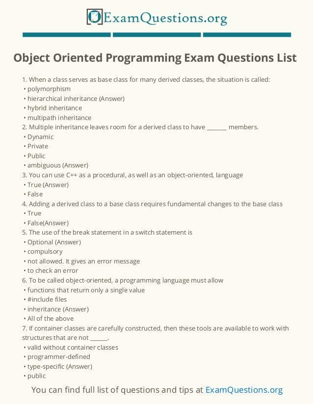 Object Oriented Programming Exam Questions List