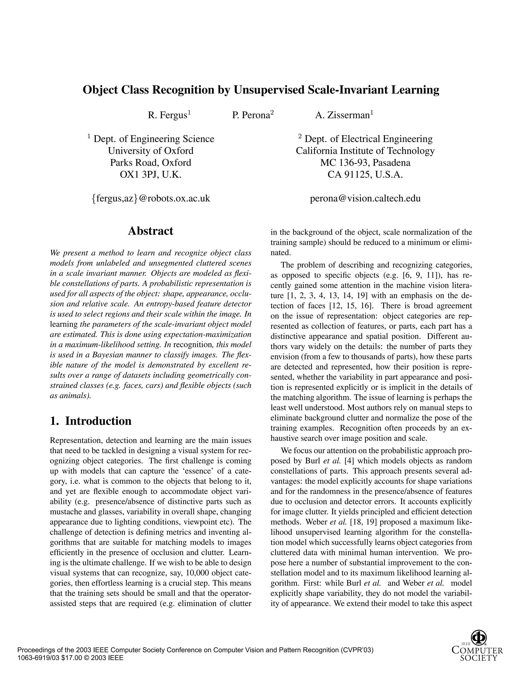 Object class recognition by unsupervide scale invariant learning - kunal | PDF