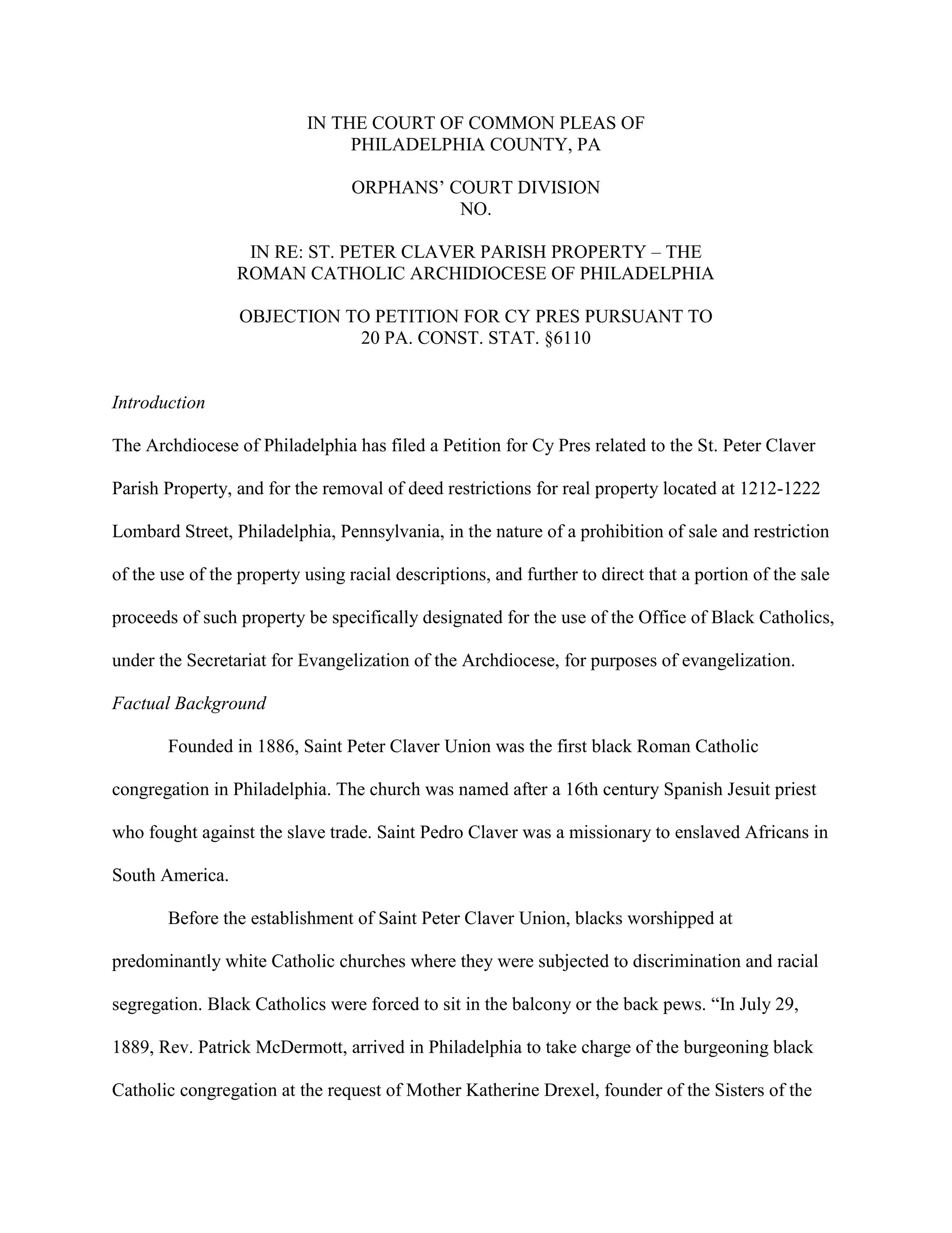 Objection to Archdiocese of Philadelphia Petition for Cy Pres - St ...