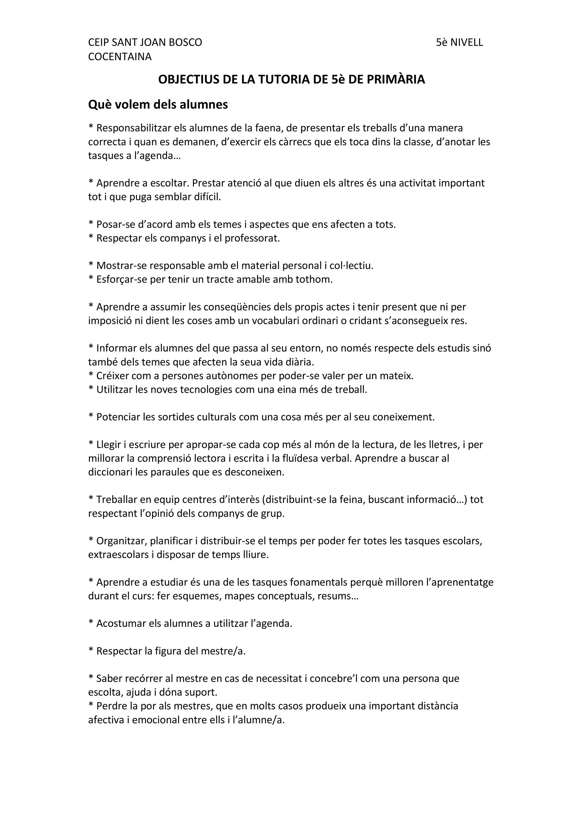 Objectius de la tutoria de 5è de primària | PDF